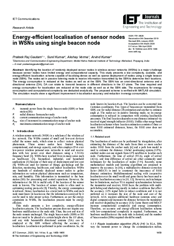 Pdf Energy‐efficient Localisation Of Sensor Nodes In Wsns Using Single Beacon Node