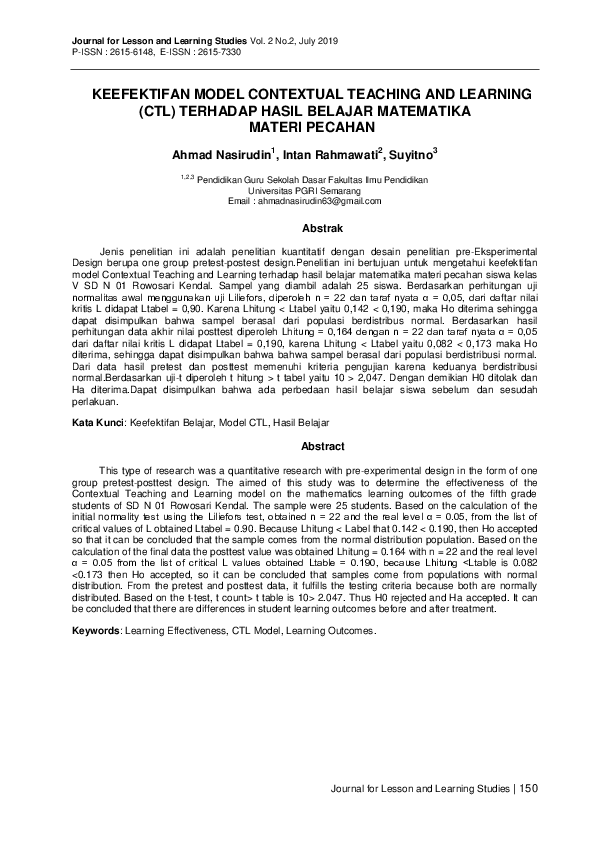 (PDF) Keefektifan Model Contextual Teaching and Learning (CTL) Terhadap Hasil Belajar Matematika ...