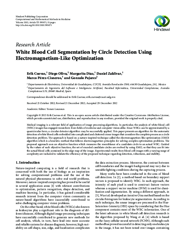 (PDF) White Blood Cell Segmentation by Circle Detection Using Electromagnetism-Like Optimization ...