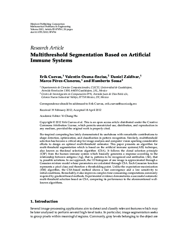 Pdf Multithreshold Segmentation Based On Artificial Immune Systems Marco Perez Cisneros 