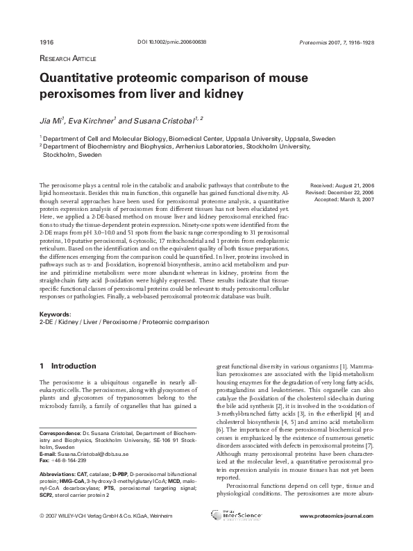(PDF) Quantitative proteomic comparison of mouse peroxisomes from liver and kidney