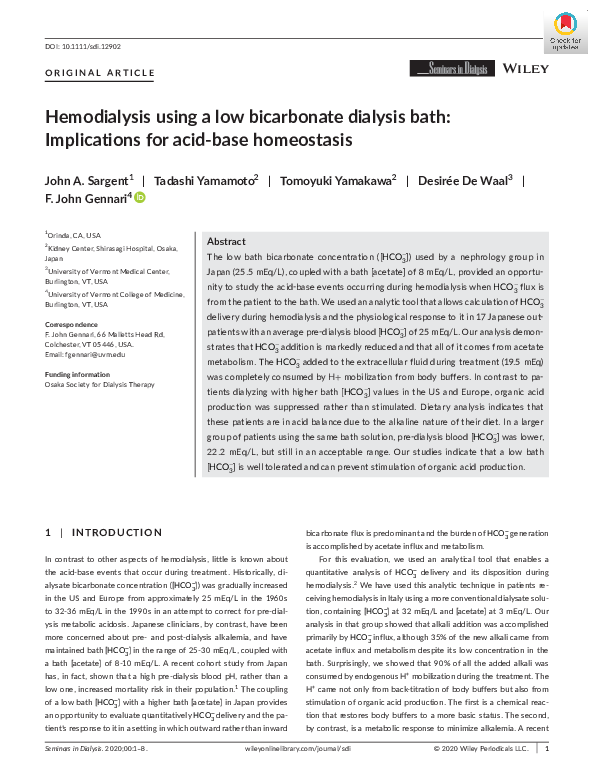 (PDF) Hemodialysis using a low bicarbonate dialysis bath: Implications ...
