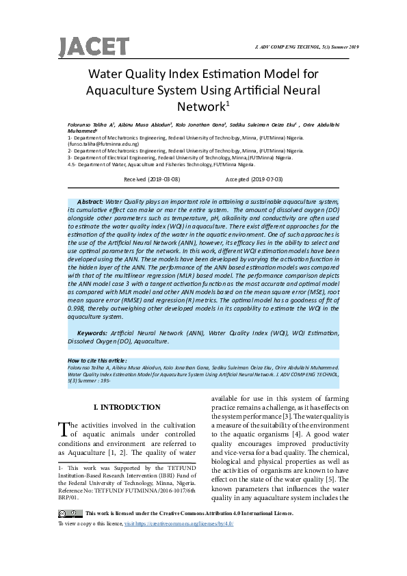 Pdf Water Quality Index Estimation Model For Aquaculture System Using