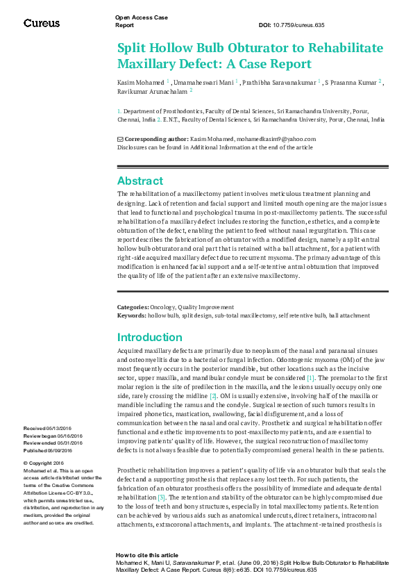 (PDF) Split Hollow Bulb Obturator to Rehabilitate Maxillary Defect: A ...