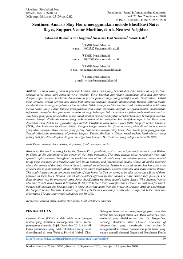 (PDF) Sentimen Analisis Stay Home menggunakan metode klasifikasi Naive Bayes, Support Vector ...