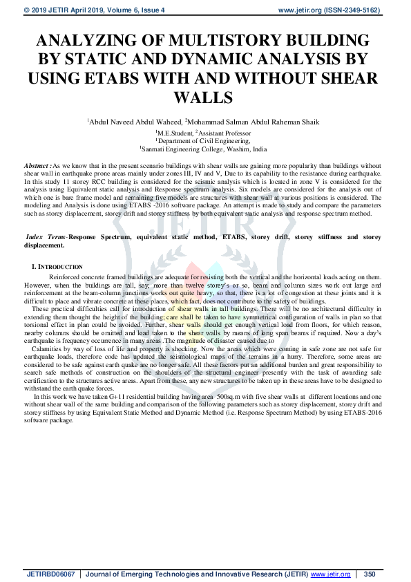 Pdf Analyzing Of Multistory Building By Static And Dynamic Analysis By Using Etabs With And