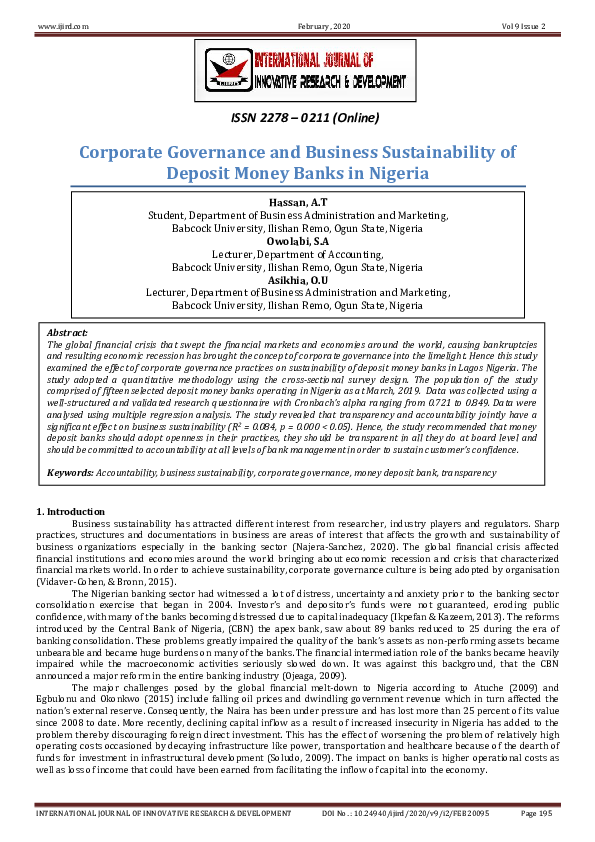 (PDF) Corporate Governance and Business Sustainability of Deposit Money Banks in Nigeria