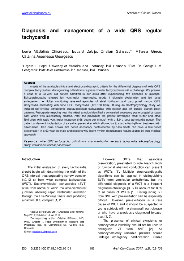 (PDF) Diagnosis and management of a wide QRS regular tachycardia