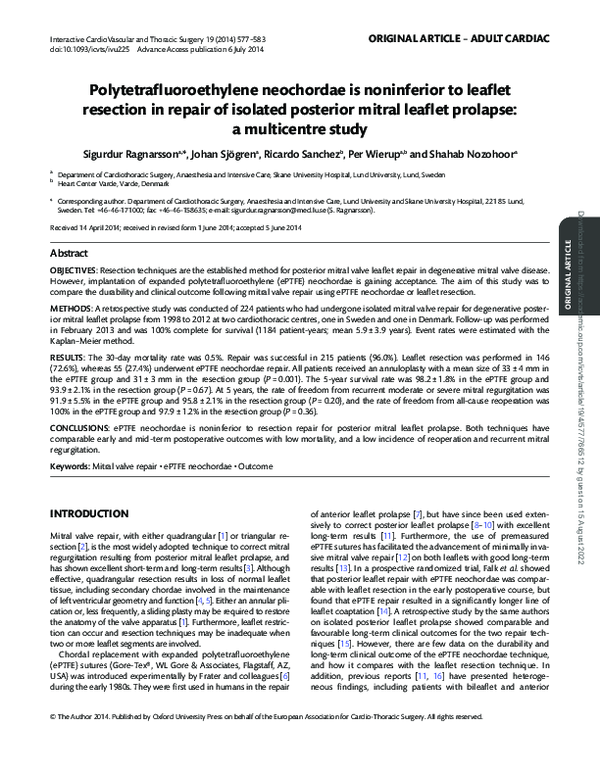 (PDF) Polytetrafluoroethylene neochordae is noninferior to leaflet ...