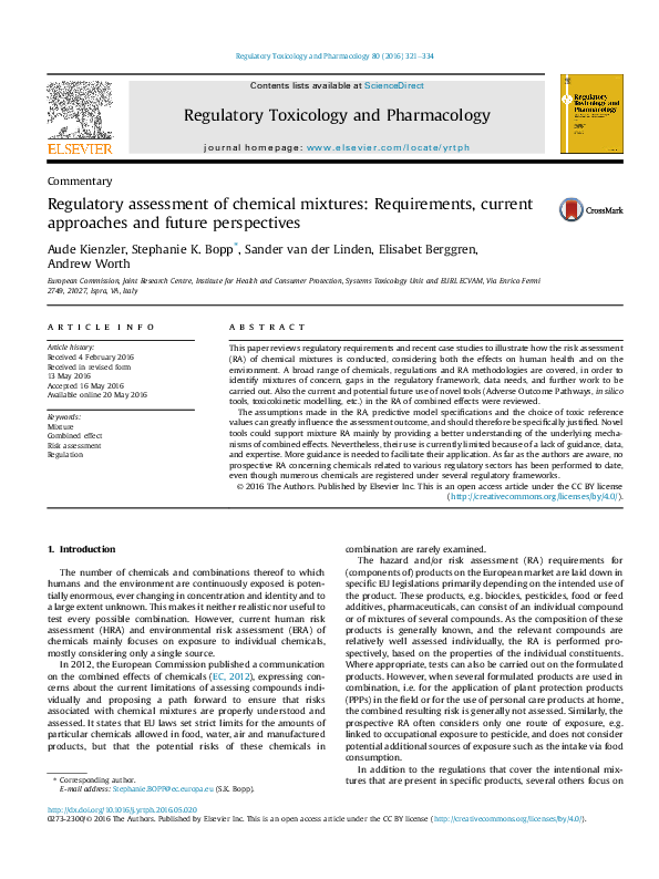 (PDF) Regulatory assessment of chemical mixtures: Requirements, current ...