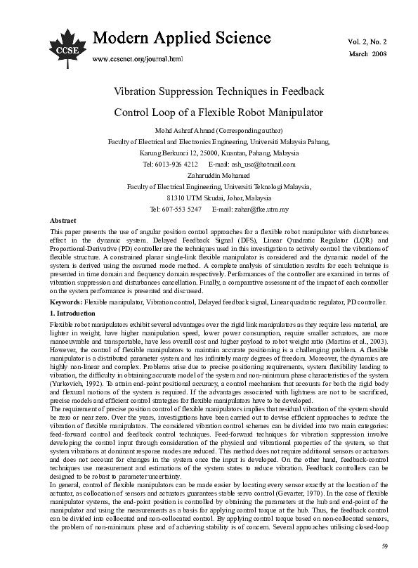 Pdf Vibration Suppression Techniques In Feedback Control Loop Of A Flexible Robot Manipulator