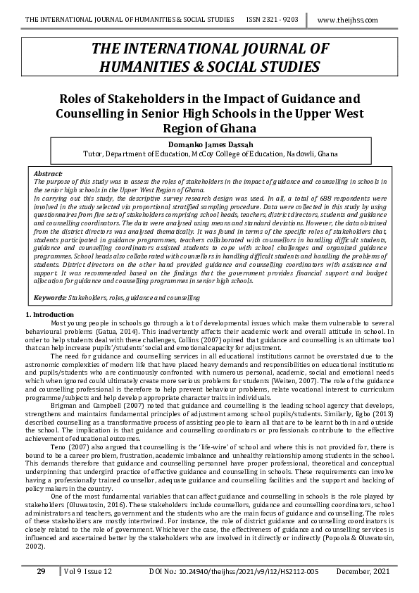 (PDF) Roles of Stakeholders in the Impact of Guidance and Counselling in Senior High Schools in ...