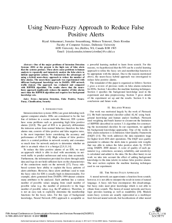 (PDF) Using Neuro-Fuzzy Approach to Reduce False Positive Alerts