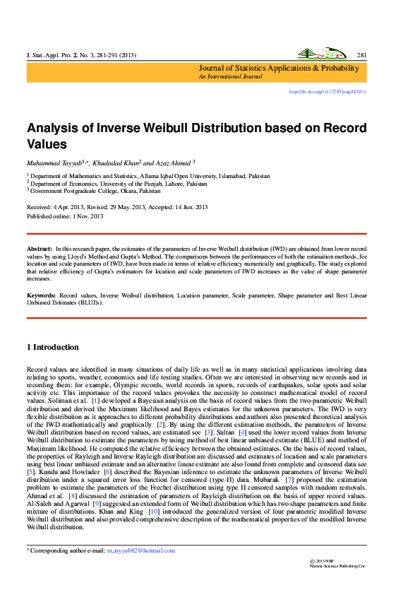 Pdf Analysis Of Inverse Weibull Distribution Based On Record Values Muhammad Tayyab