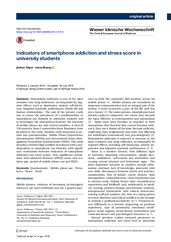 (PDF) Indicators of smartphone addiction and stress score in university ...