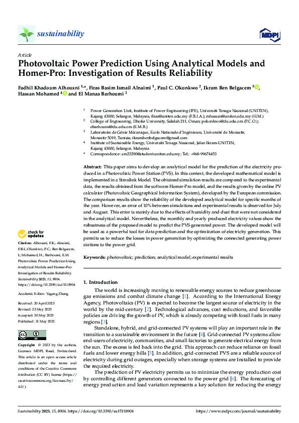 (PDF) Photovoltaic Power Prediction Using Analytical Models and Homer ...