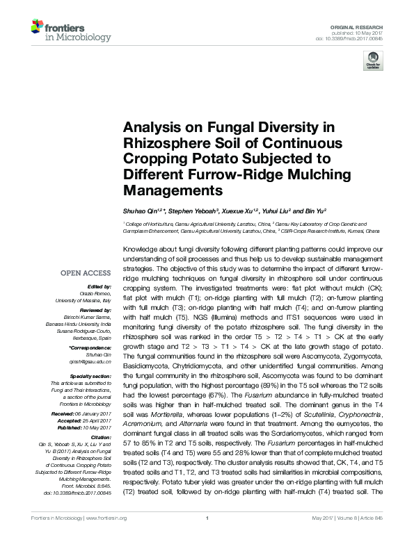 (PDF) Analysis on Fungal Diversity in Rhizosphere Soil of Continuous Cropping Potato Subjected ...