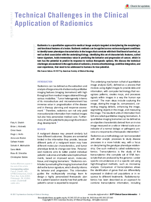 (PDF) Technical Challenges in the Clinical Application of Radiomics