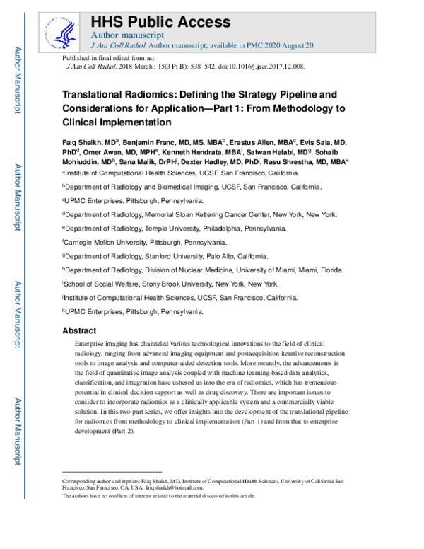 (PDF) Translational Radiomics: Defining the Strategy Pipeline and Considerations for Application ...