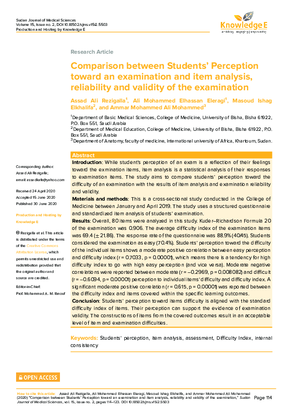 (PDF) Comparison between students’ perception and examination validity, reliability and items ...