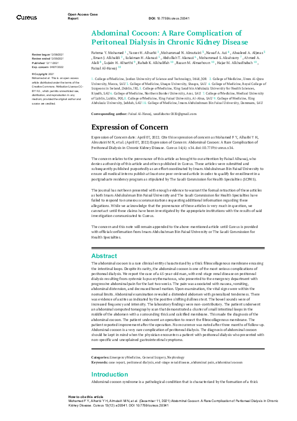 (PDF) Abdominal Cocoon: A Rare Complication of Peritoneal Dialysis in Chronic Kidney Disease