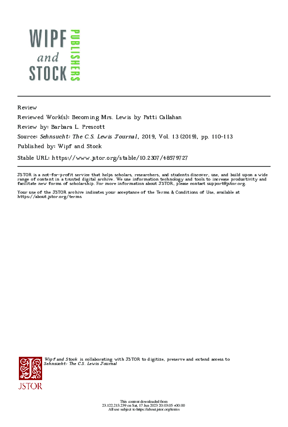 (PDF) Book Review: Becoming Mrs. Lewis by Patti Callahan