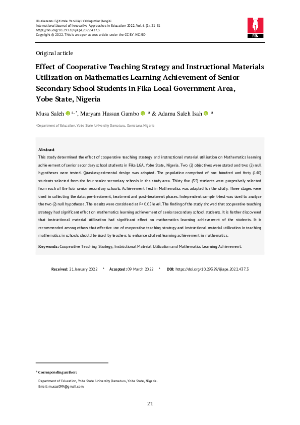 (PDF) Effect of Cooperative Teaching Strategy and Instructional Materials Utilization on ...
