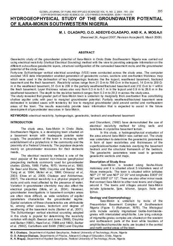(PDF) Hydrogeophysical Study Of The Groundwater Potential Of Ilara-Mokin Southwestern Nigeria