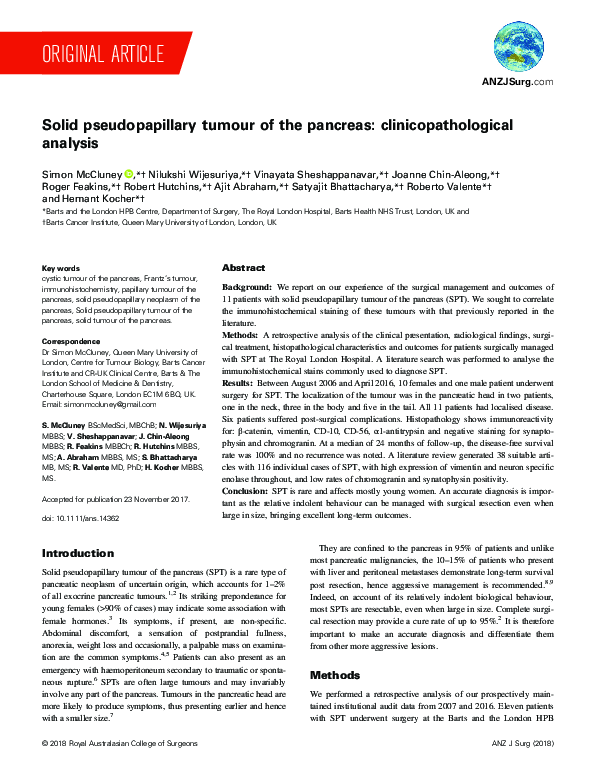 (PDF) Solid pseudopapillary tumour of the pancreas: clinicopathological ...