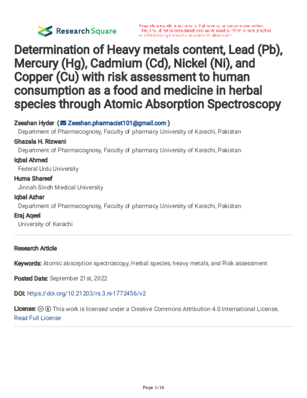(PDF) Determination of Heavy metals content, Lead (Pb), Mercury (Hg ...
