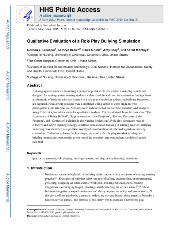 (PDF) Qualitative evaluation of a role play bullying simulation ...