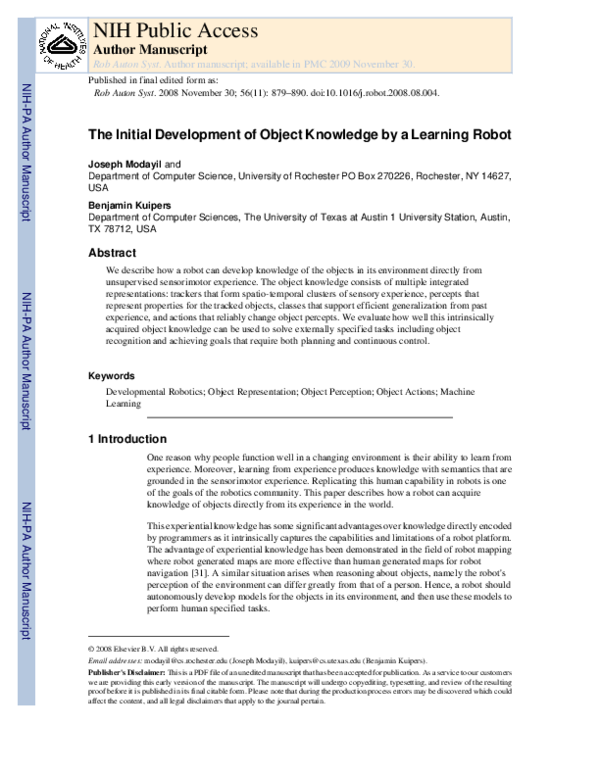 (PDF) The initial development of object knowledge by a learning robot