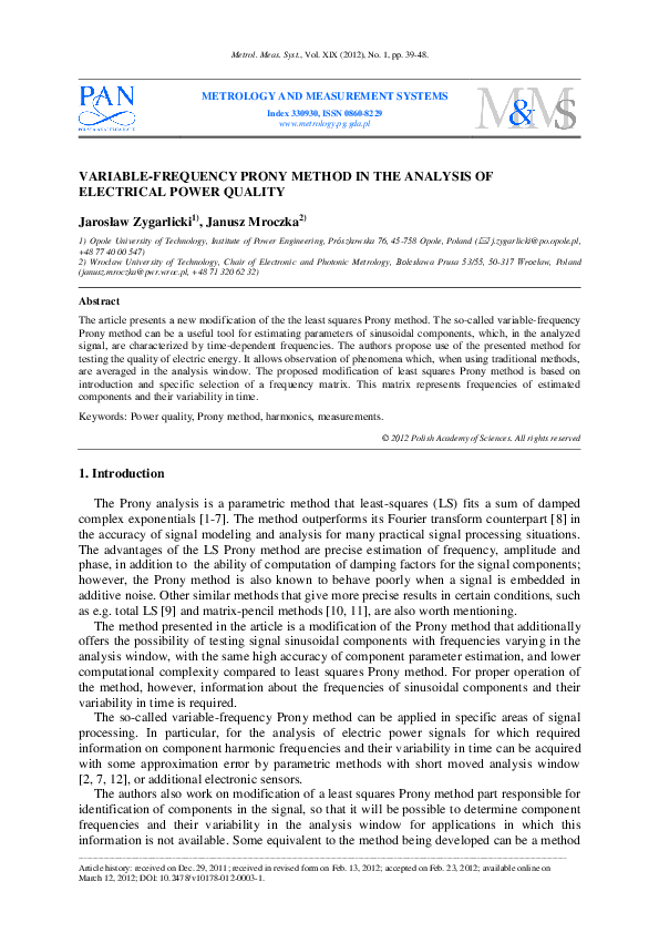 (PDF) Variable-Frequency Prony Method in the Analysis of Electrical ...