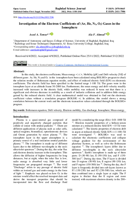 (PDF) Investigation of the Electron Coefficients of (Ar, He, N2, O2 ...