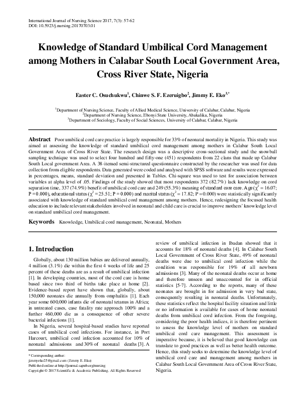 (PDF) Knowledge of Standard Umbilical Cord Management among Mothers in Calabar South Local ...