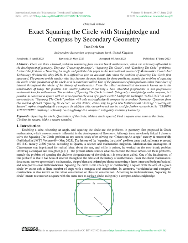 (PDF) Exact Squaring the Circle with Straightedge and Compass by Secondary Geometry