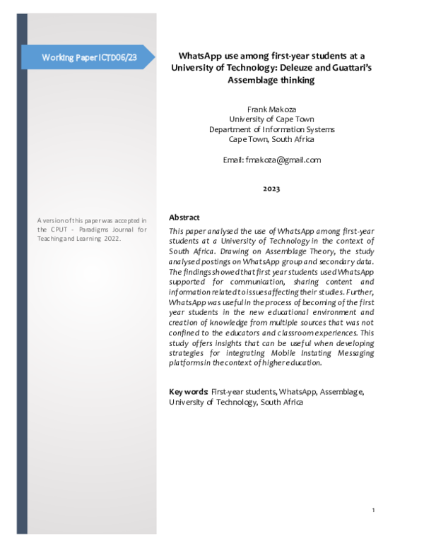 (PDF) WhatsApp use among first-year students at a University of Technology: Deleuze and Guattari ...