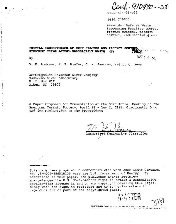 (PDF) Initial demonstration of DWPF process and product control ...