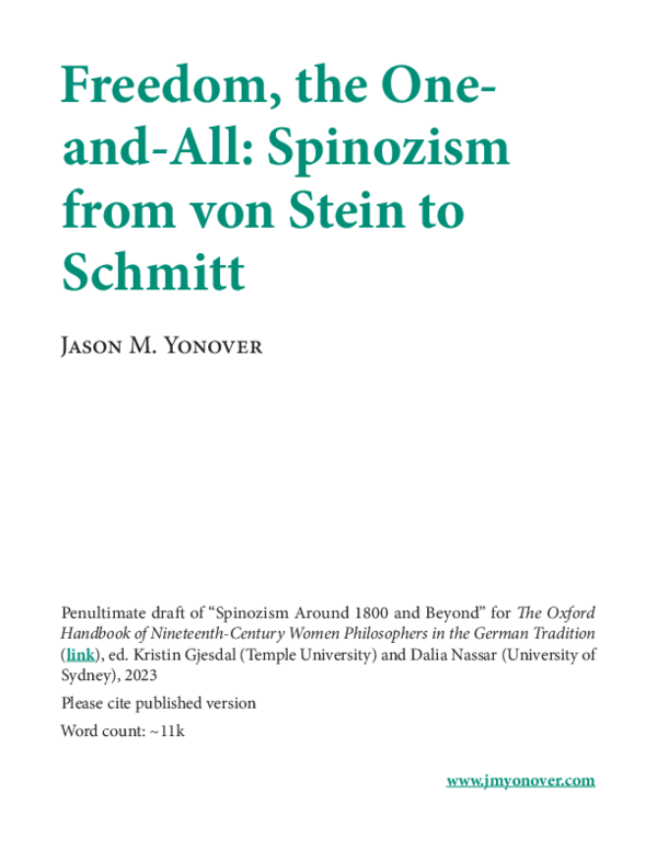 (PDF) Freedom, the One-and-All: Spinozism from von Stein to Schmitt