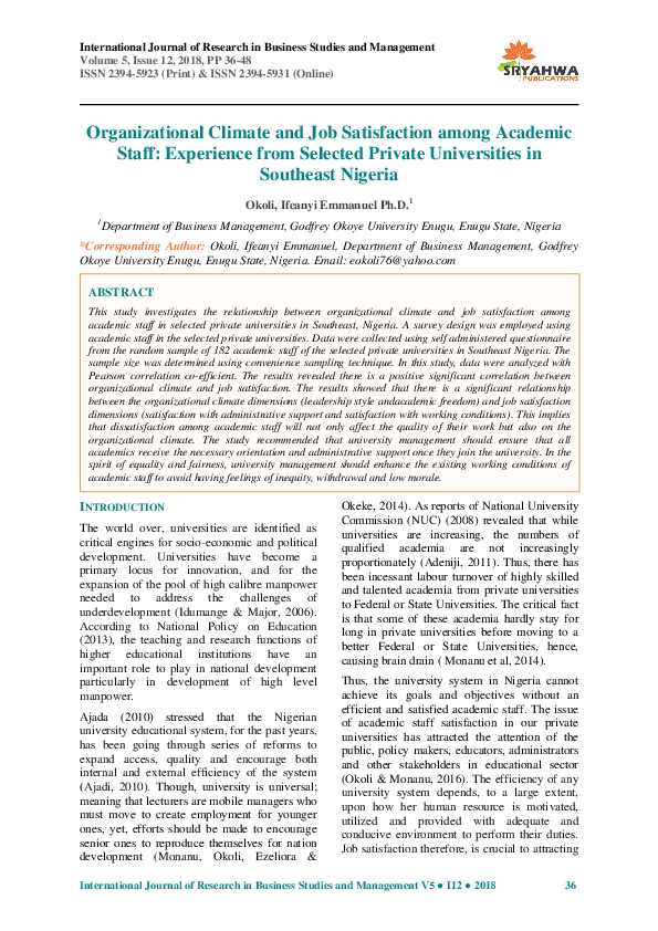 (PDF) Organizational Climate and Job Satisfaction among Academic Staff: Experience from Selected ...