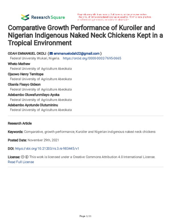 (PDF) Comparative Growth Performance of Kuroiler and Nigerian Indigenous Naked Neck Chickens ...