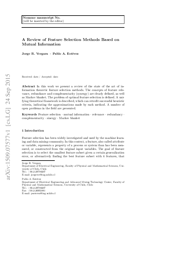 (PDF) A review of feature selection methods based on mutual information