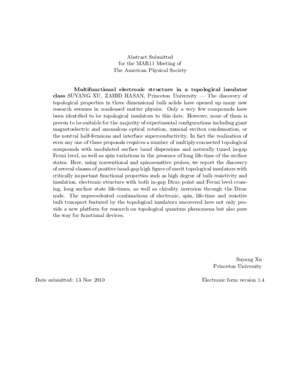 (PDF) Multifunctional electronic structure in a topological insulator class