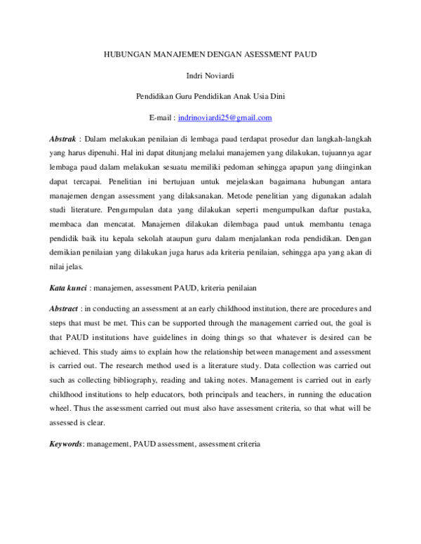 (PDF) HUBUNGAN MANAJEMEN DENGAN ASESSMENT PAUD