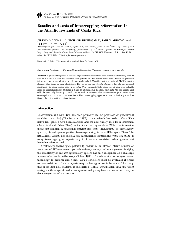 (PDF) Intercropping Benefits in Reforestation: A Costa Rican Study