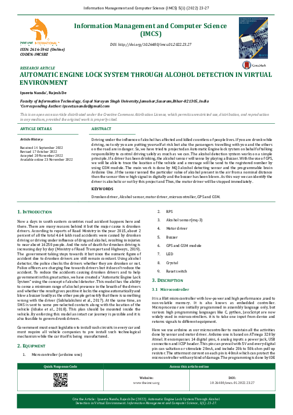 (PDF) Automatic Engine Lock System Through Alcohol Detection in Virtual Environment