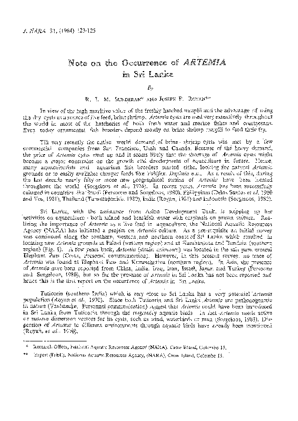 (PDF) Note on the occurrence of Artemia in Sri Lanka
