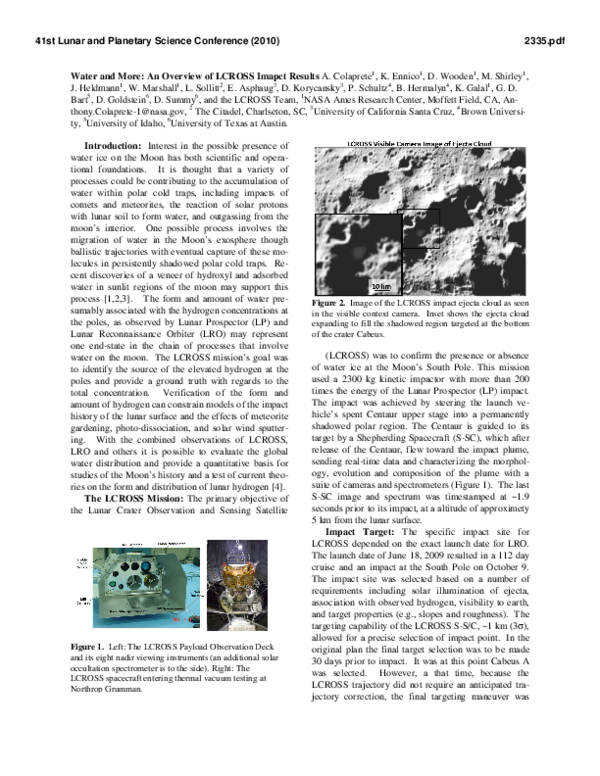 (PDF) Water and More: An Overview of LCROSS Impact Results