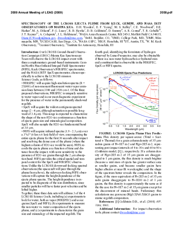 (PDF) Spectroscopy of the LCROSS Ejecta Plume from Keck, Gemini, and ...