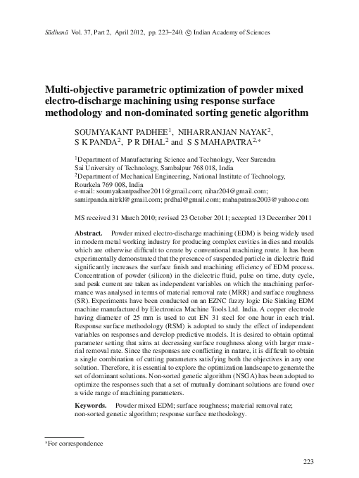 (PDF) Multi-objective parametric optimization of powder mixed electro-discharge machining using ...